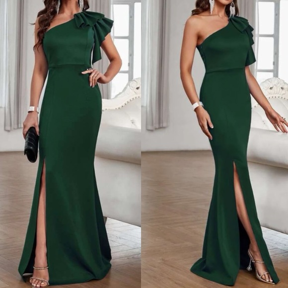Dresses | Luxe Green Slit Thigh Ruffle Trim Mermaid Hem Party Formal ...